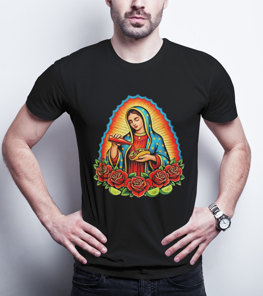 Virgen Maria With Taco And Hot Sauce Surrounded By Roses And Lime Slices T-Shirt