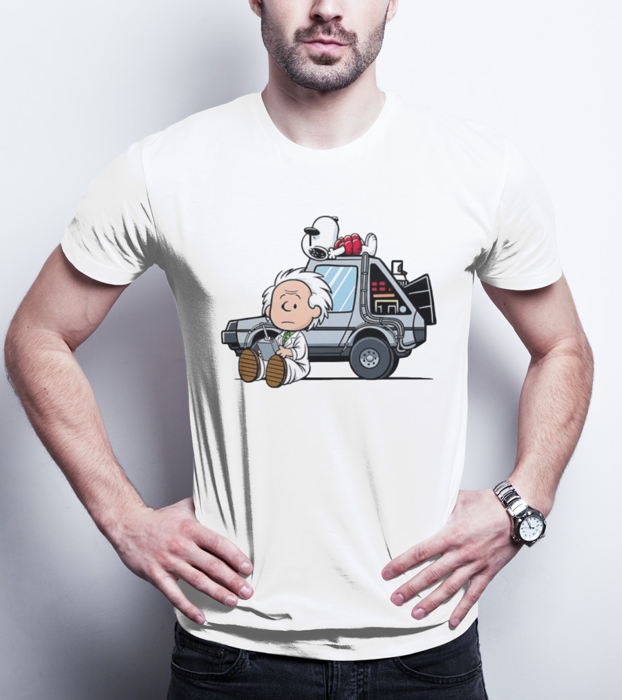 Doc Brown Snoopy Back To The Future Delorean Time Machine Cartoon Mashup T-Shirt