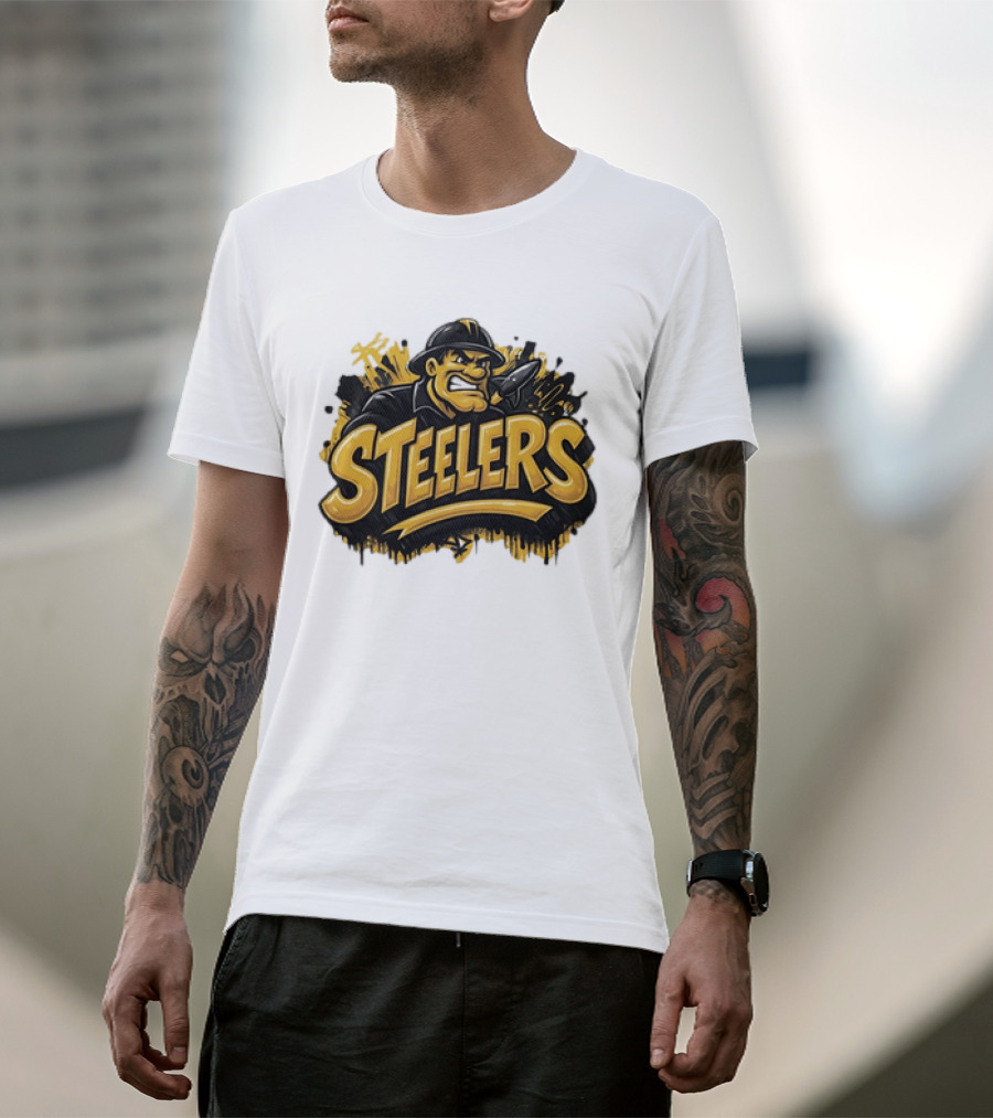 Pittsburgh Steelers Graffiti Steel Worker Emblem With Tough T-Shirt