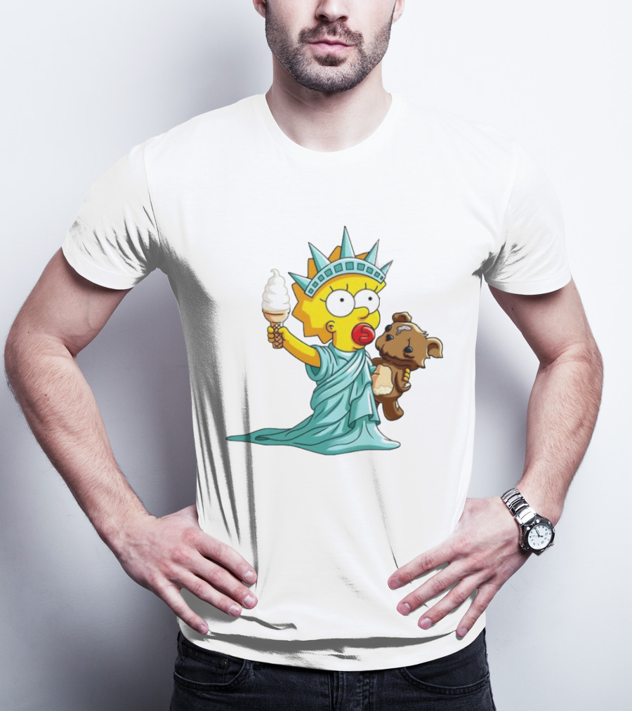 Statue Of Liberty Baby With Ice Cream And Teddy Bear Cartoon T-Shirt