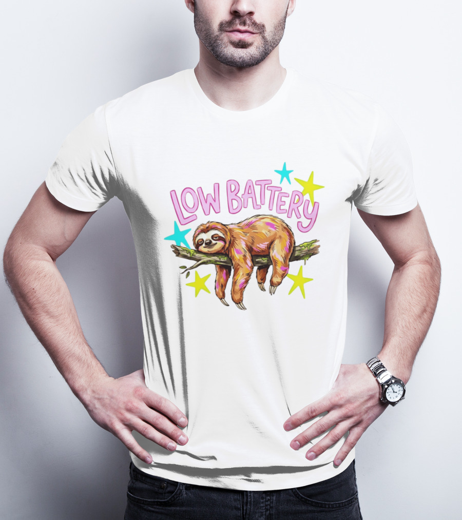 Lazy Sloth Low Battery Tired Animal With Colorful Stars T-Shirt