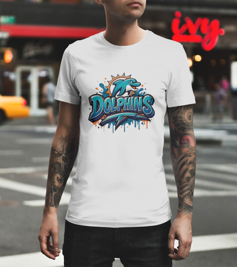 Miami Dolphins Graffiti Football Dolphins Splash Blue Orange T-Shirt