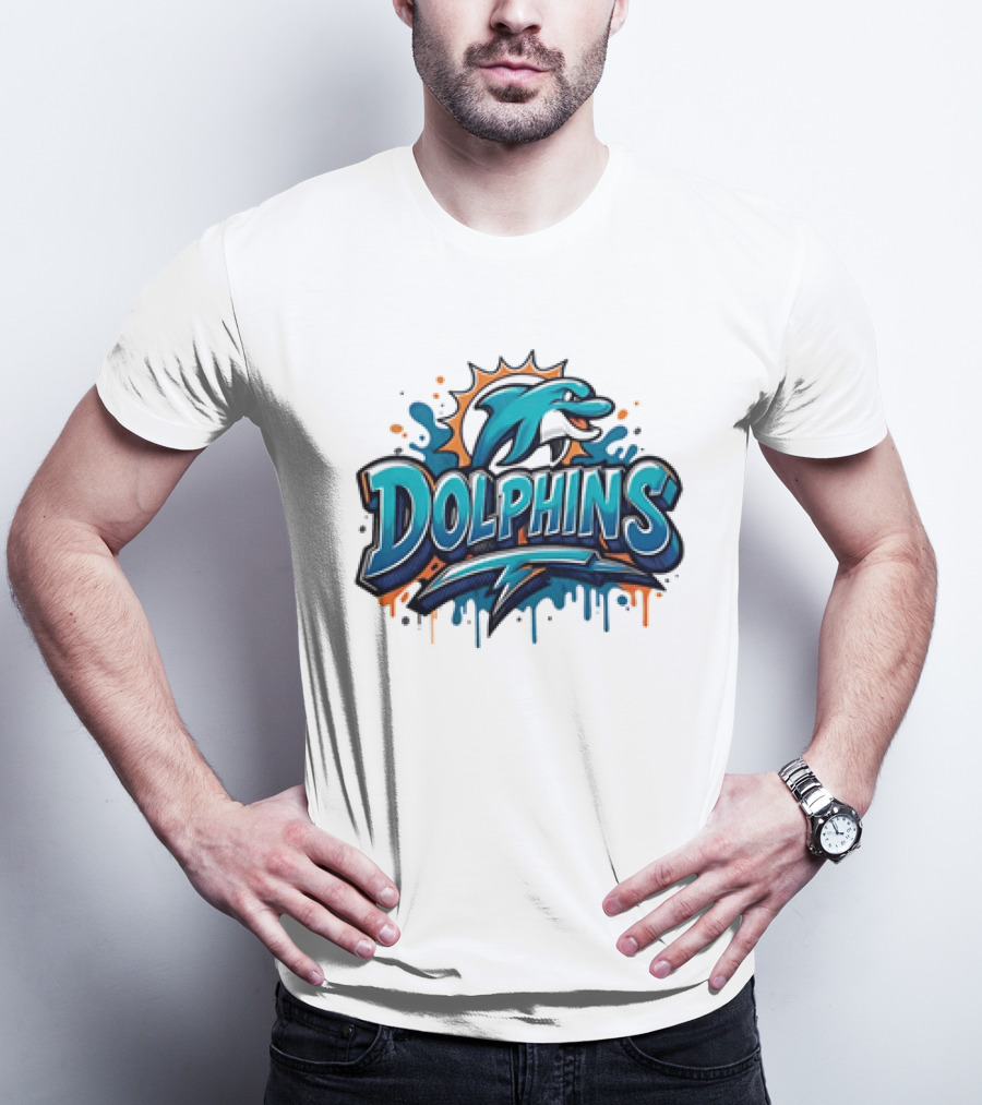 Miami Dolphins Graffiti Football Dolphins Splash Blue Orange T-Shirt