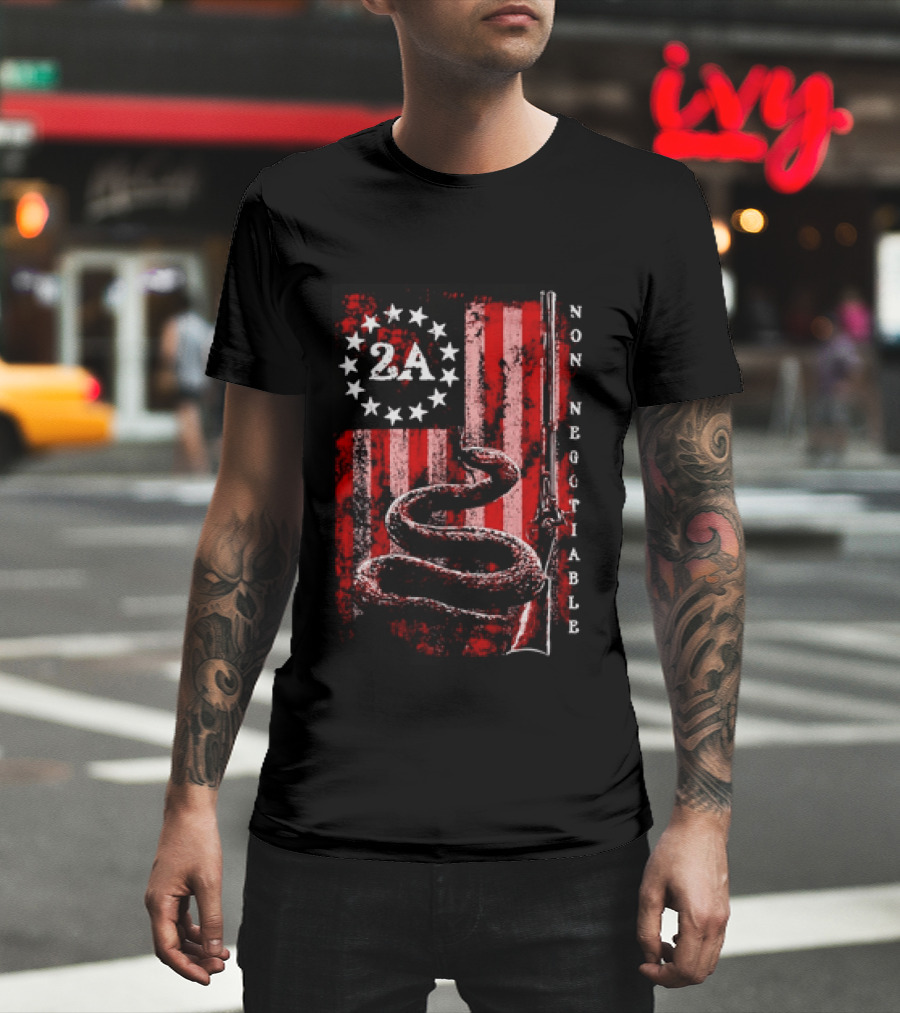 2A Non Negotiable Second Amendment Snake Musket Flag Distressed Stars Stripes T-Shirt