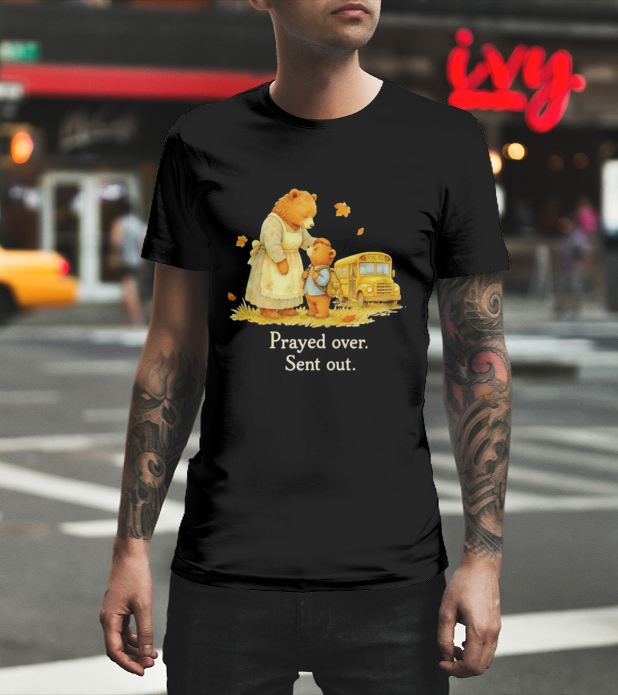 Mama Bear And Cub School Bus Prayed Over Sent Out Back To School Autumn Scene T-Shirt