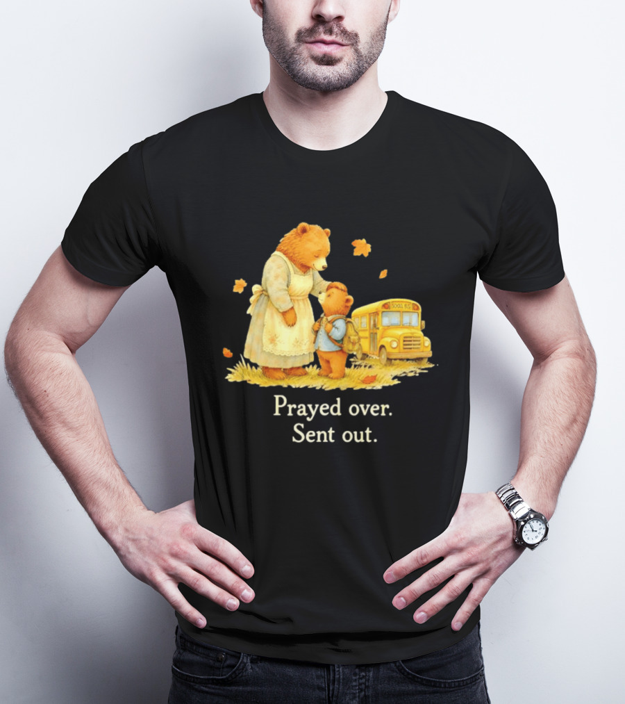 Mama Bear And Cub School Bus Prayed Over Sent Out Back To School Autumn Scene T-Shirt