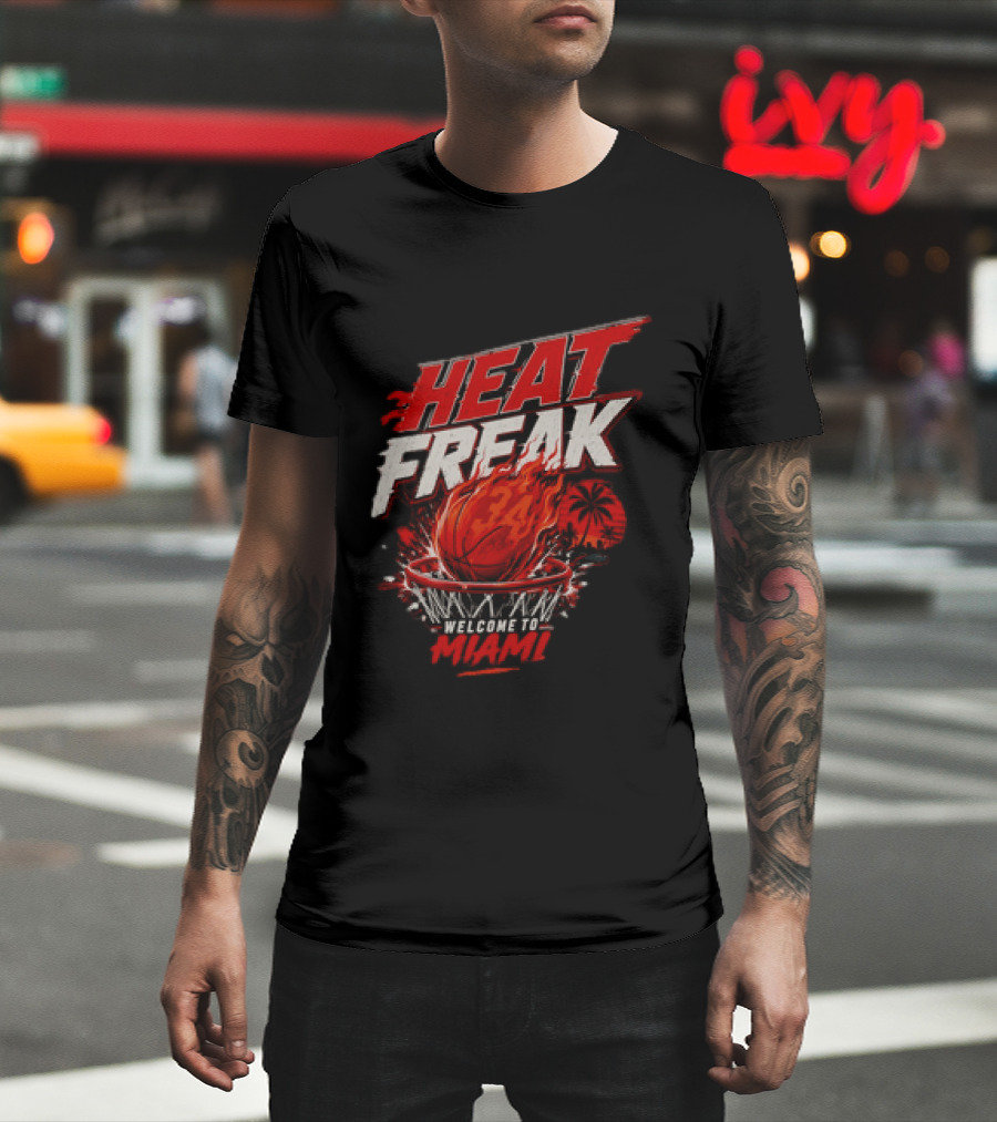 Heat Freak Welcome To Miami Basketball Flame Palm 34 T-Shirt