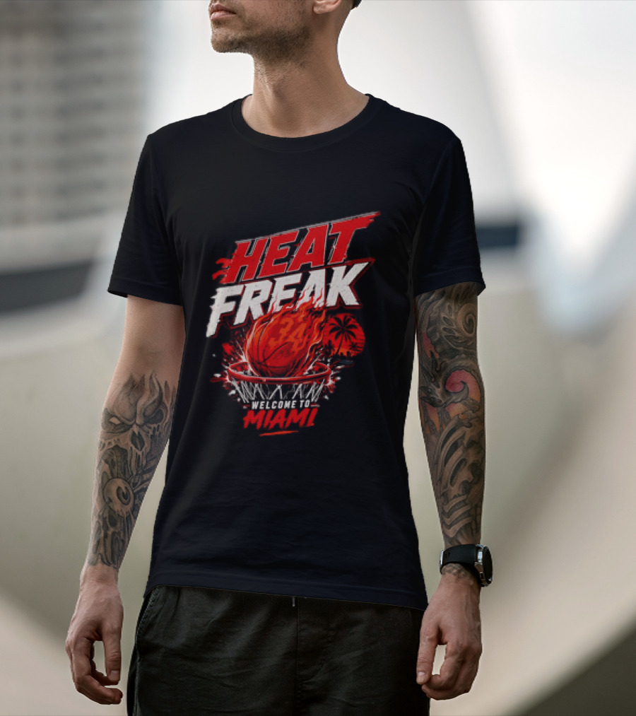 Heat Freak Welcome To Miami Basketball Flame Palm 34 T-Shirt