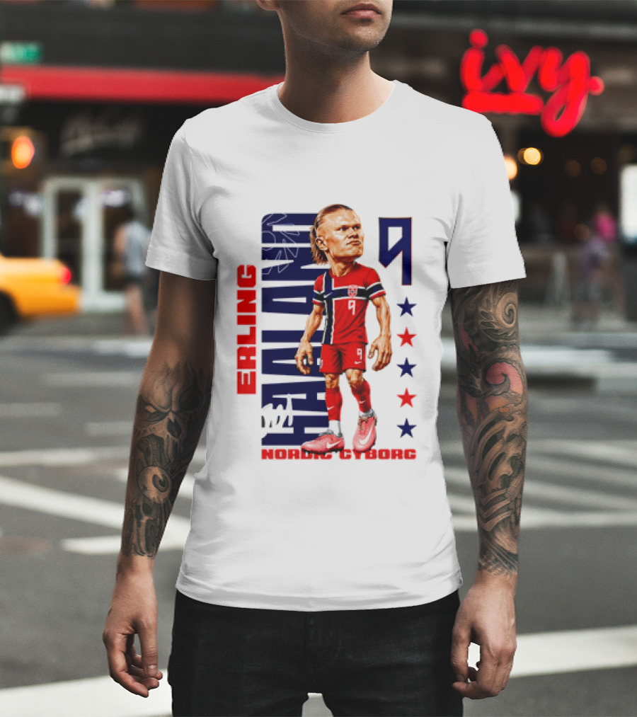 Erling Haaland No 9 Nordic Cyborg Stars And Stripes Caricature T-Shirt