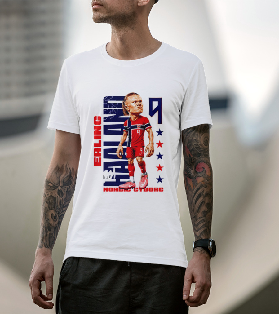 Erling Haaland No 9 Nordic Cyborg Stars And Stripes Caricature T-Shirt