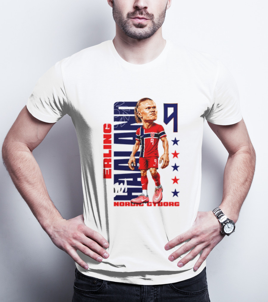 Erling Haaland No 9 Nordic Cyborg Stars And Stripes Caricature T-Shirt