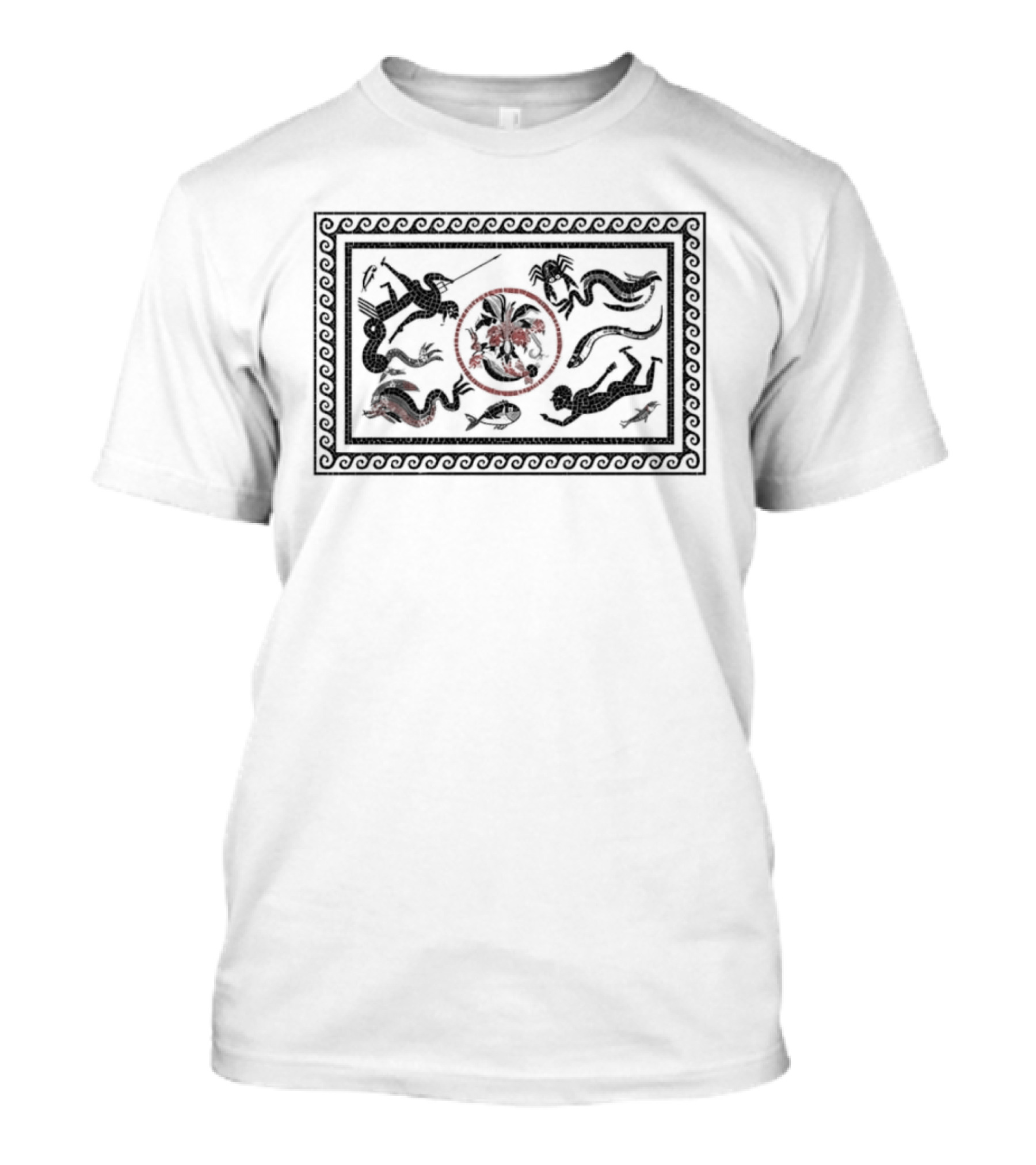 Roman Mosaic Mythological Ocean Marine Life Neptune Trident Creatures T-Shirt