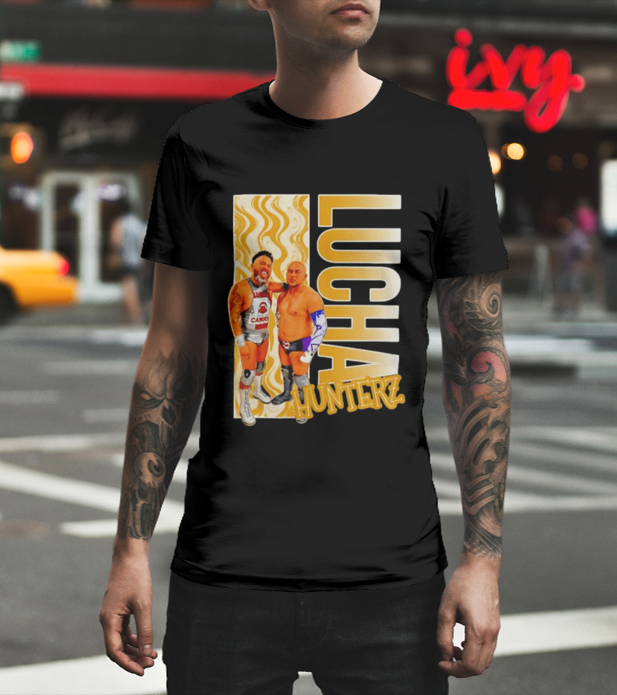 Lucha Hunterz Wrestlers Duo With Llamas And Gold Accents T-Shirt