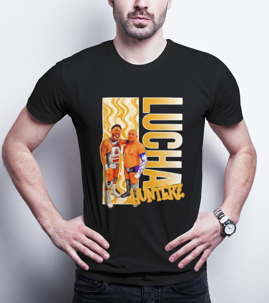 Lucha Hunterz Wrestlers Duo With Llamas And Gold Accents T-Shirt