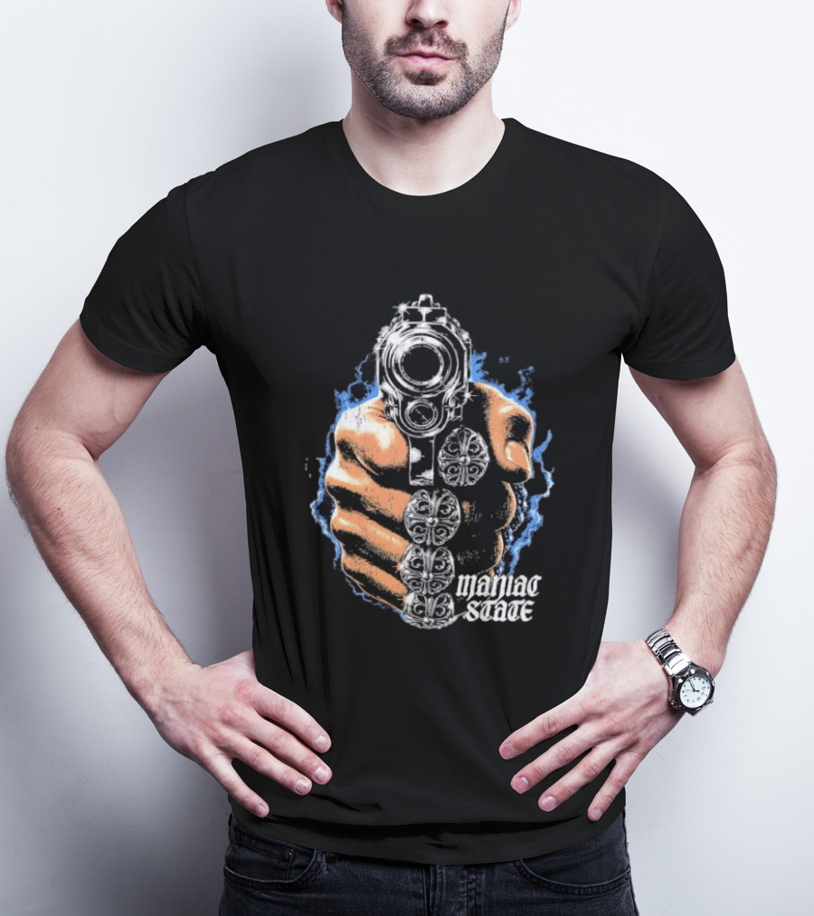 Maniac State Handgun Fist Chrome Cross Rings T-Shirt