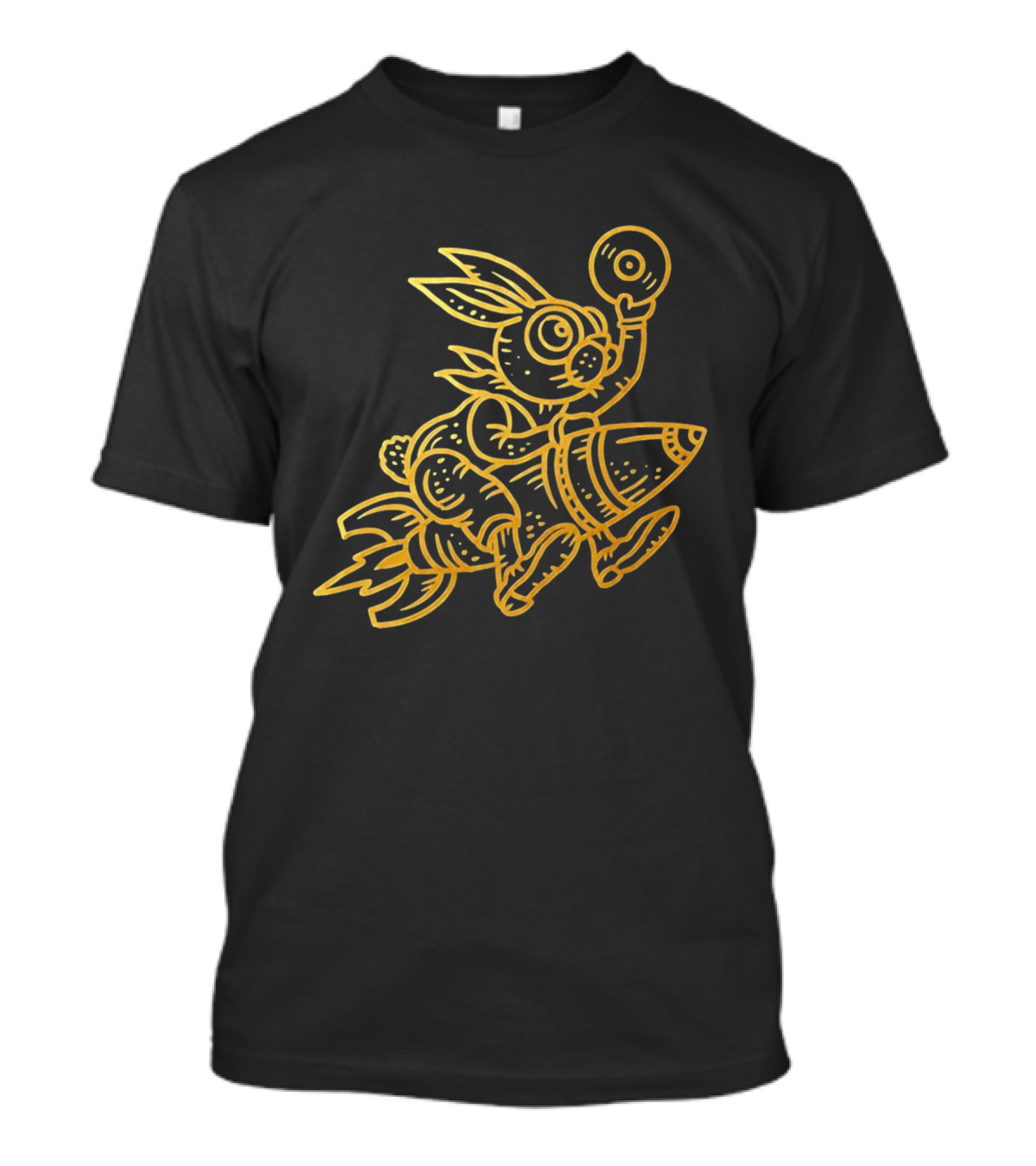 Golden Rabbit Riding A Rocket With Vinyl Record Music Space Adventure T-Shirt