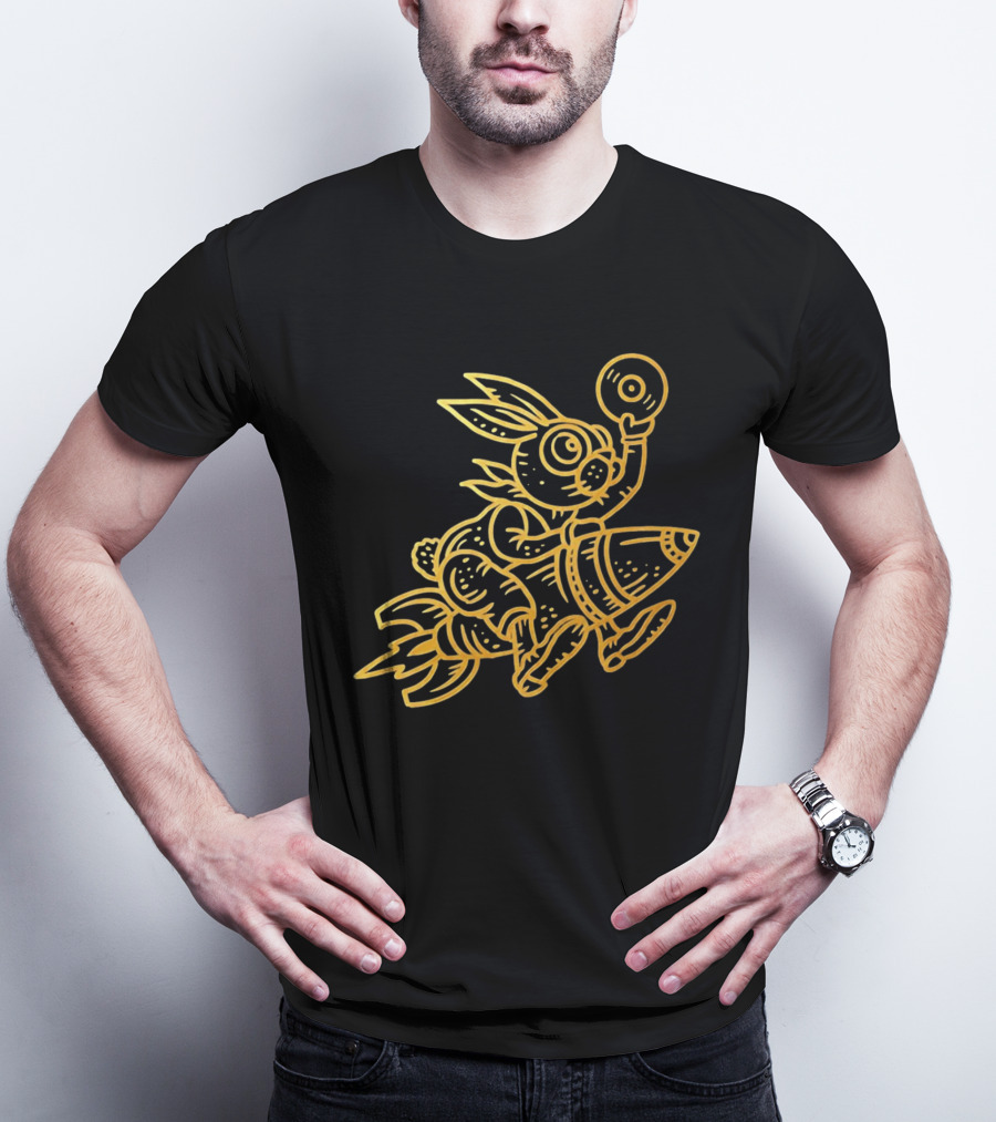 Golden Rabbit Riding A Rocket With Vinyl Record Music Space Adventure T-Shirt