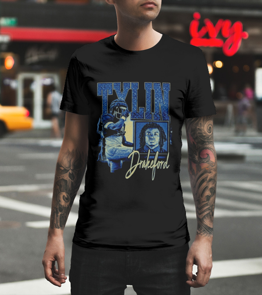 Tylin Drakeford Football Athlete Blue Portrait NFL Style Bootleg T-Shirt