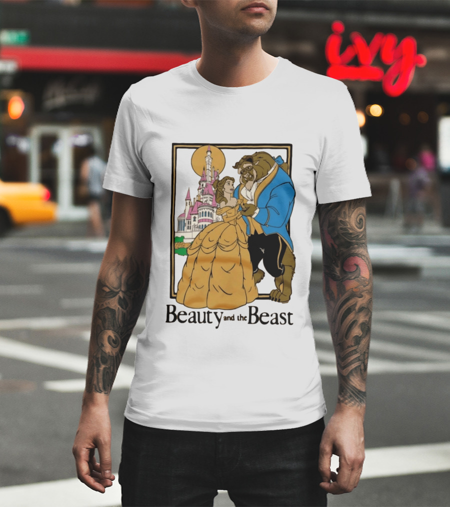 Beauty And The Beast Belle And Beast Dancing In Front Of Castle T-Shirt