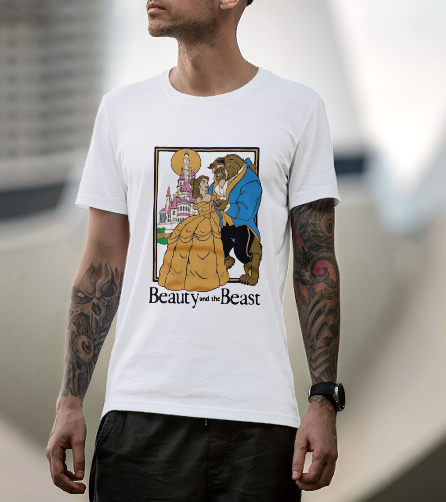 Beauty And The Beast Belle And Beast Dancing In Front Of Castle T-Shirt