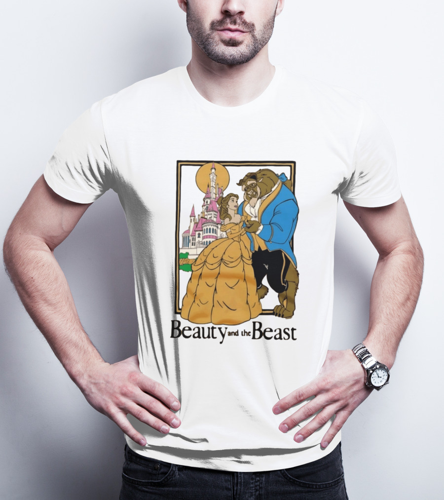 Beauty And The Beast Belle And Beast Dancing In Front Of Castle T-Shirt