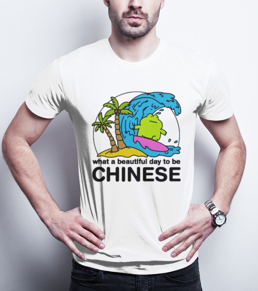 What A Beautiful Day To Be Chinese Surfing Frog With Palm Trees And Waves T-Shirt