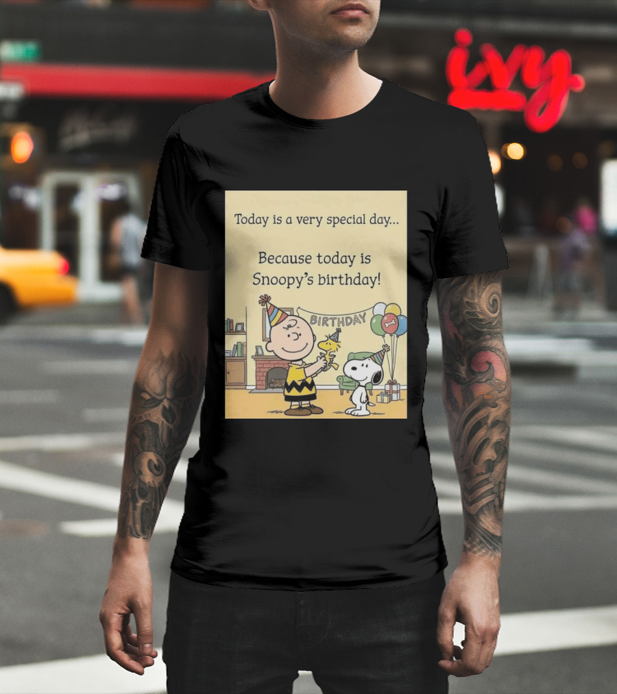 Celebrate Snoopy's Birthday With Charlie Brown And Woodstock In Party Hats And Balloons T-Shirt