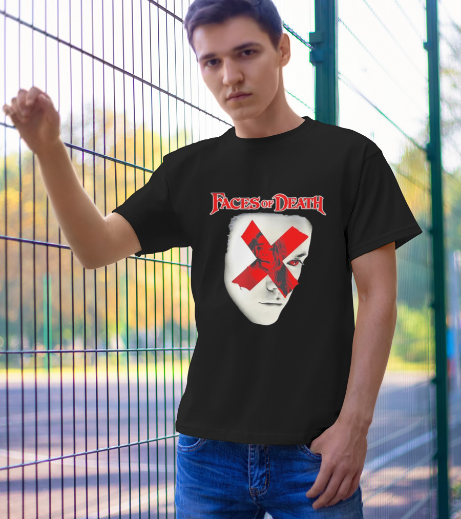 Faces Of Death Horror Movie Red X Iconic Scream Mask T-Shirt