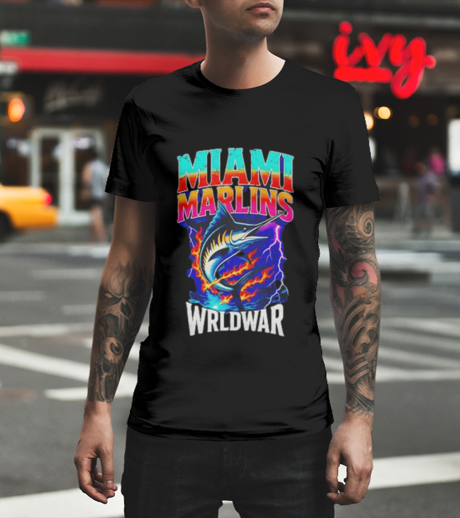 Miami Marlins Wrldwar Lightning Flame Marlin T-Shirt