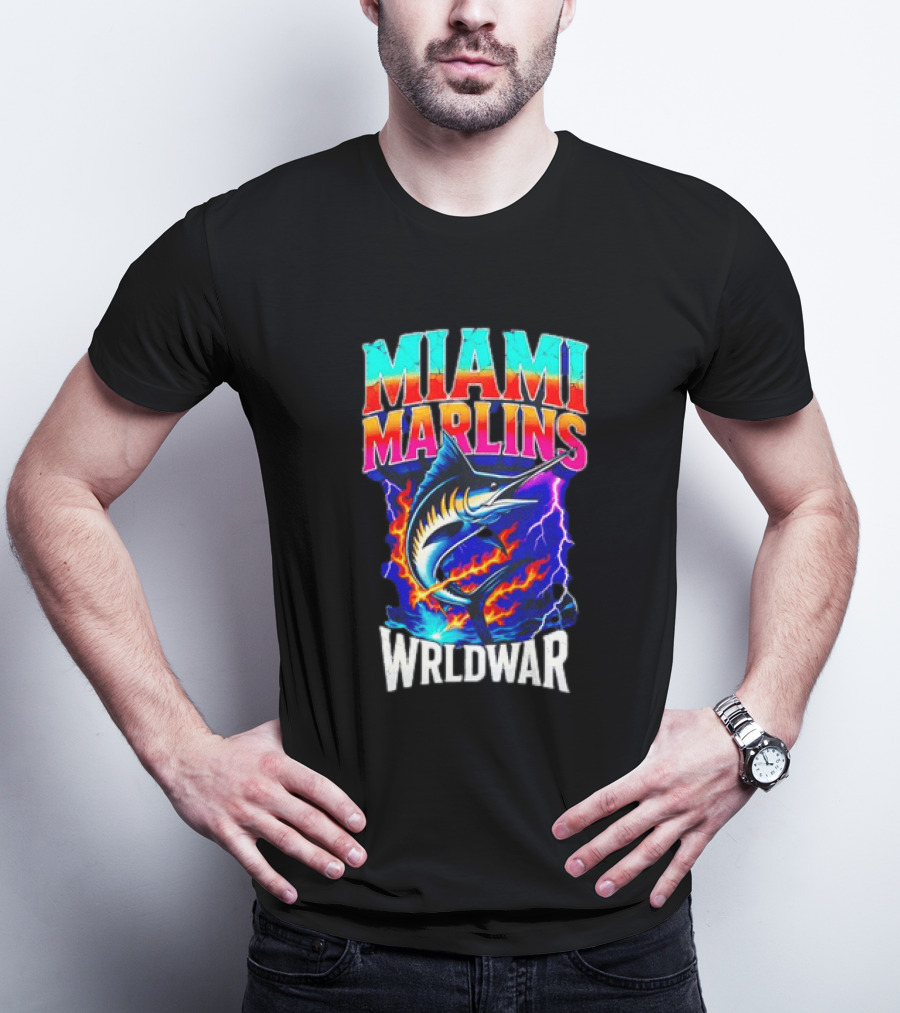 Miami Marlins Wrldwar Lightning Flame Marlin T-Shirt