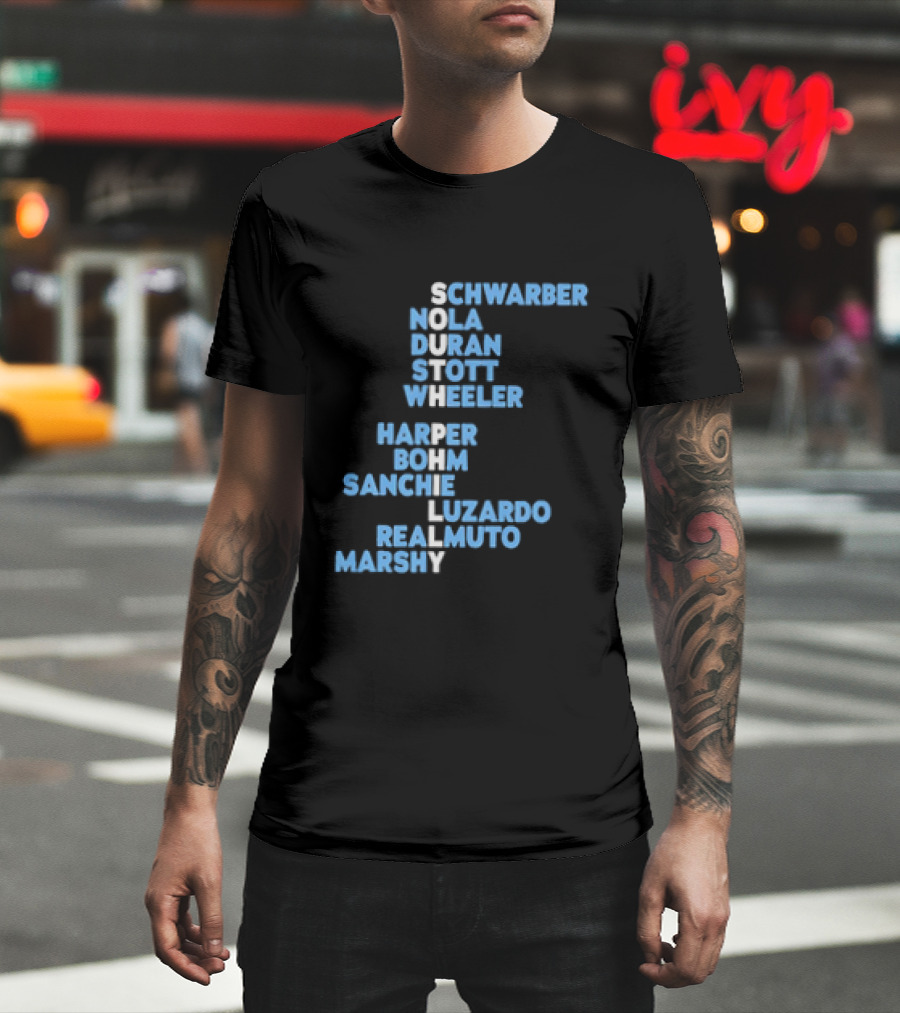 Philadelphia Phillies South Philly Baseball Player Names 2026 Schwaber Nola Duran Stott Wheeler Harper Bohm Sanchez Luzardo Realmuto Marsh T-Shirt