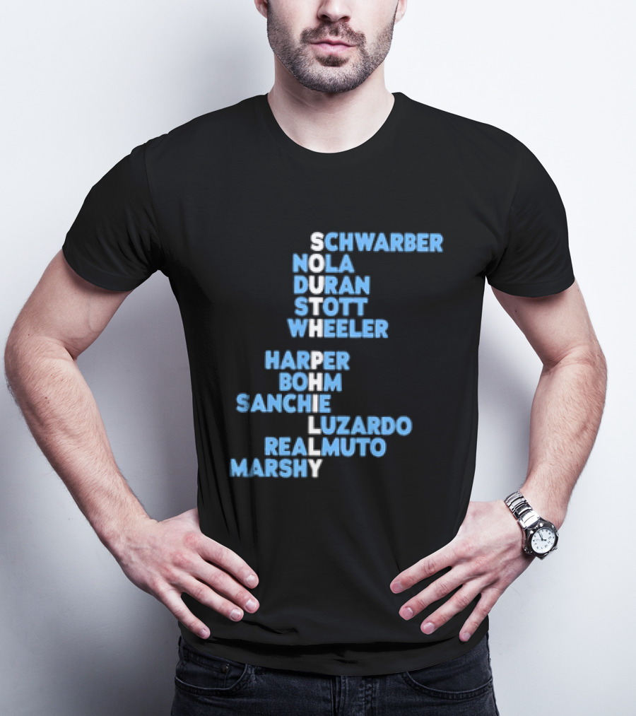 Philadelphia Phillies South Philly Baseball Player Names 2026 Schwaber Nola Duran Stott Wheeler Harper Bohm Sanchez Luzardo Realmuto Marsh T-Shirt
