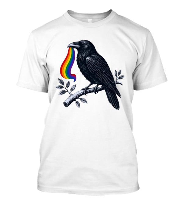 Rainbow Raven Pride Bird Holding Colorful Ribbon On Branch T-Shirt