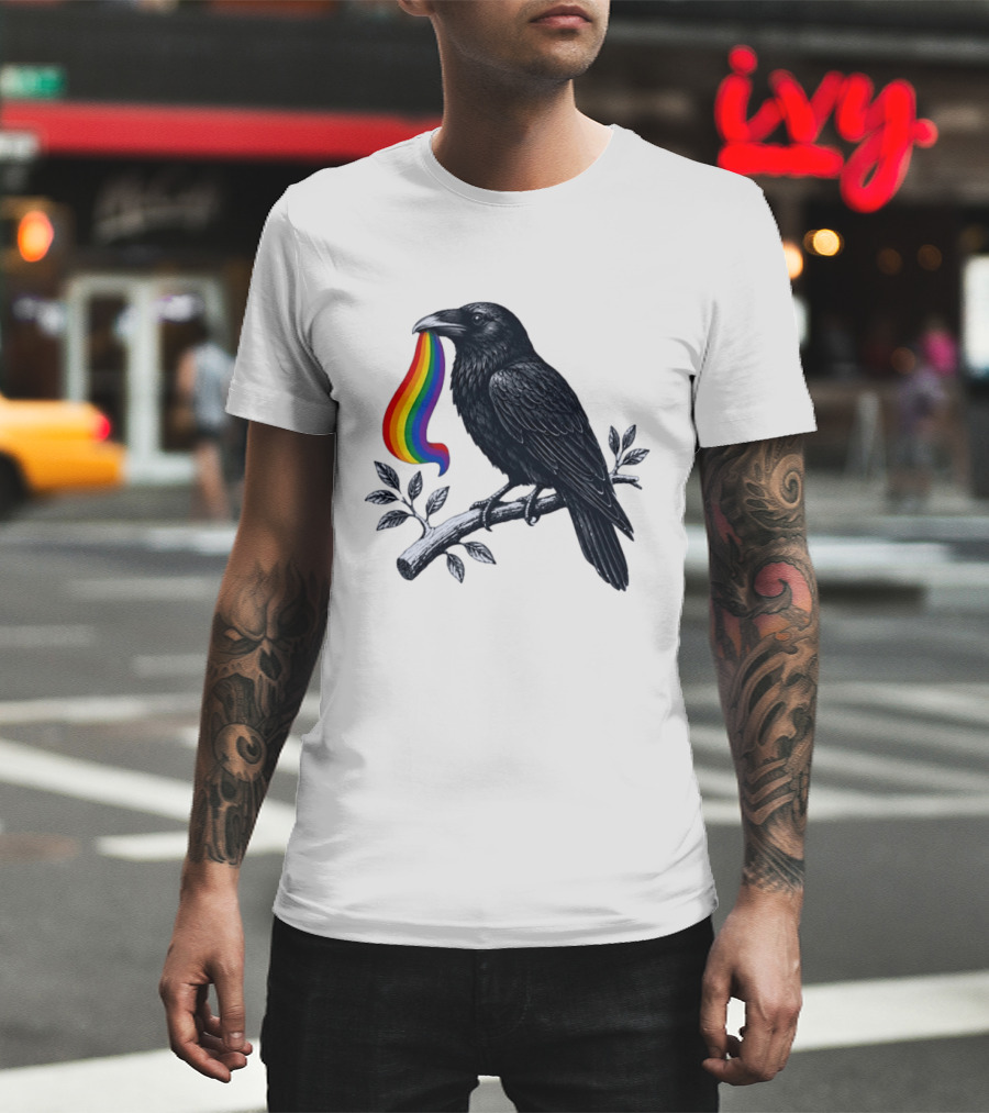 Rainbow Raven Pride Bird Holding Colorful Ribbon On Branch T-Shirt