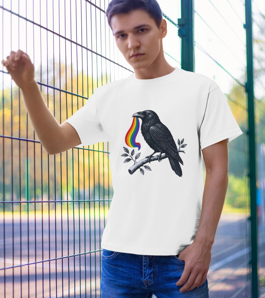 Rainbow Raven Pride Bird Holding Colorful Ribbon On Branch T-Shirt