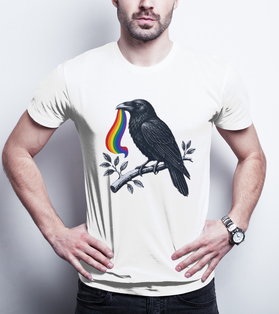 Rainbow Raven Pride Bird Holding Colorful Ribbon On Branch T-Shirt