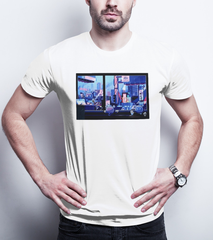 Lit Bot Apts Robots Futuristic City Skyline Pixel T-Shirt