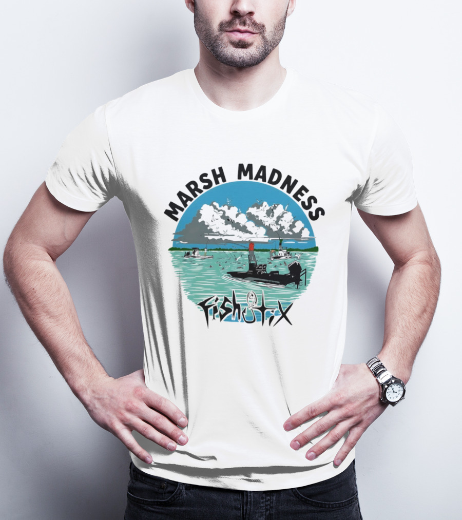 Marsh Madness Fishstix Boat Fishing Scene T-Shirt