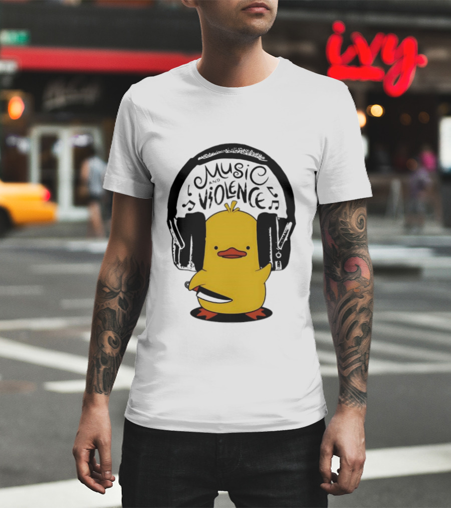 Murder Duck Music And Violence Headphones Knife Animal Bird T-Shirt