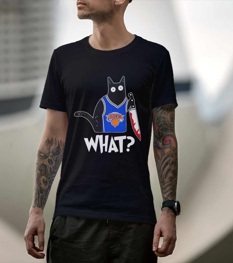 New York Knicks Cat Holding Knife Halloween WHAT T-Shirt