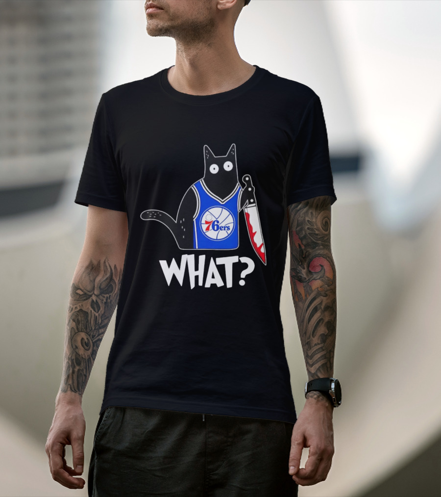 Philadelphia 76ers Cat Holding Knife WHAT Halloween T-Shirt