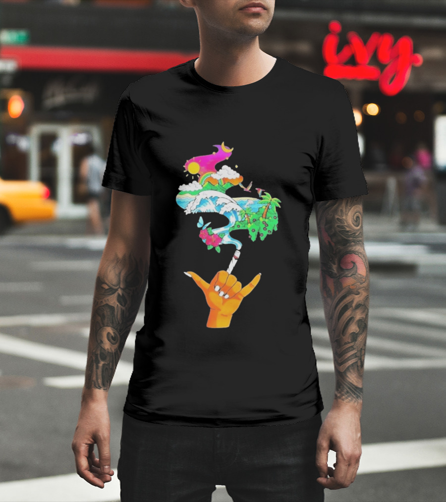 Shaka Hand Gesture With Tropical Island Wave And Colorful Clouds T-Shirt