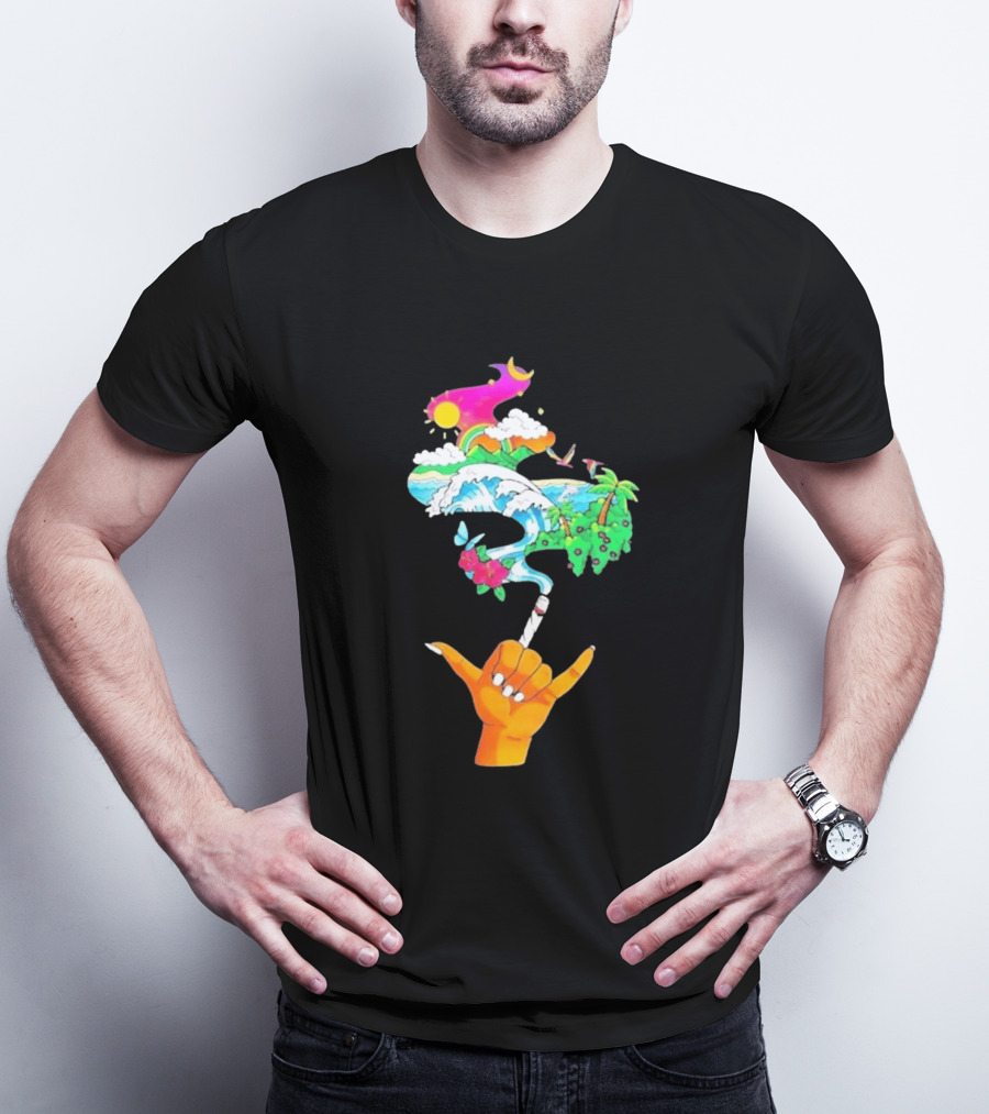 Shaka Hand Gesture With Tropical Island Wave And Colorful Clouds T-Shirt