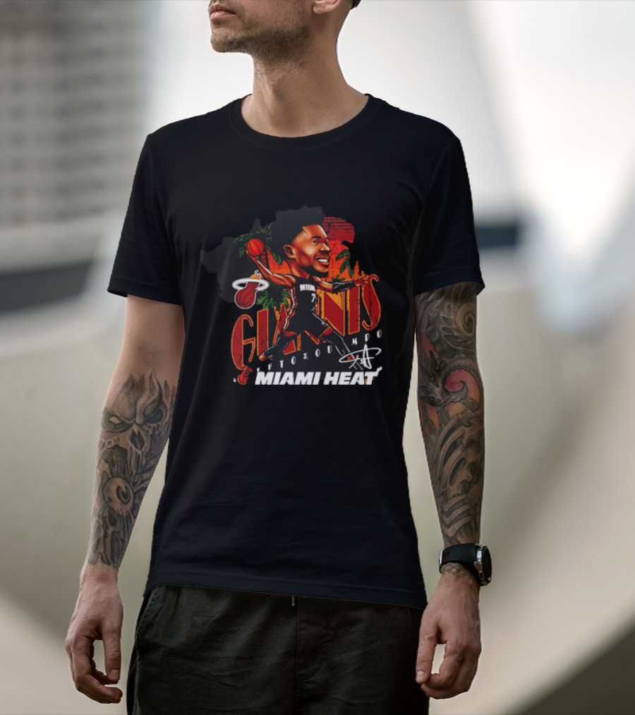 Giannis Antetokounmpo Miami Heat Cartoon Basketball Graphic Palm Trees T-Shirt