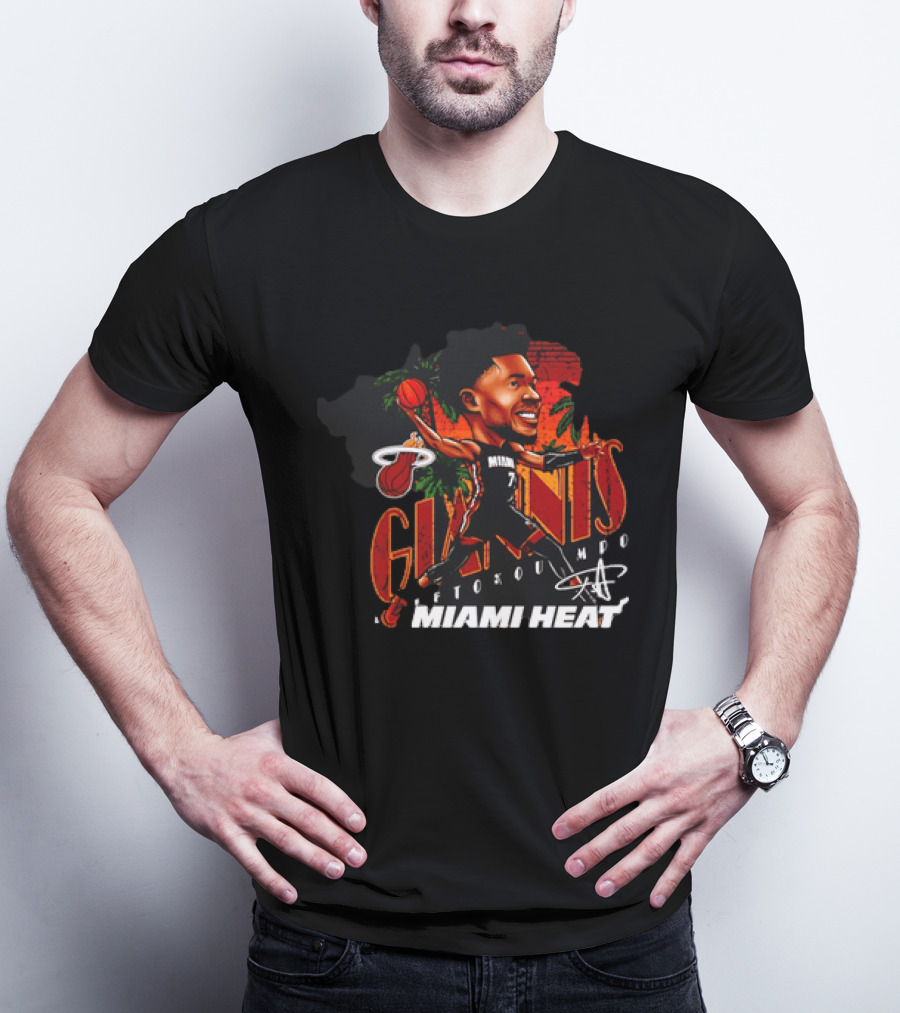 Giannis Antetokounmpo Miami Heat Cartoon Basketball Graphic Palm Trees T-Shirt