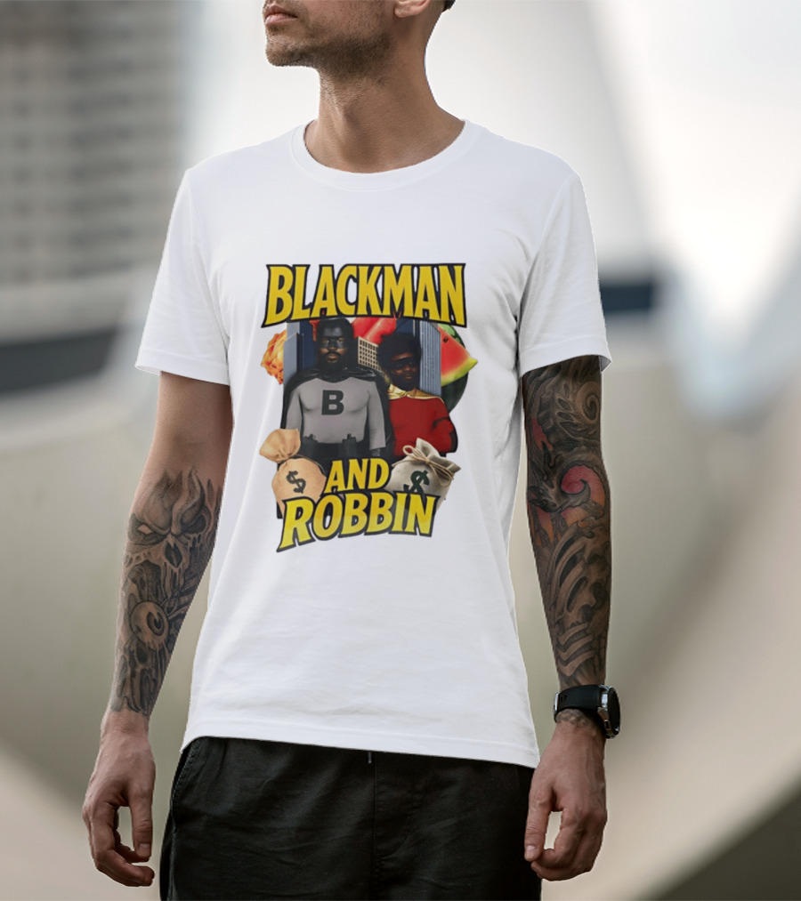 Blackman And Robbin Superhero Satire Comedy Money Bags Cityscape T-Shirt