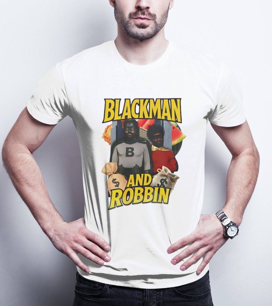 Blackman And Robbin Superhero Satire Comedy Money Bags Cityscape T-Shirt