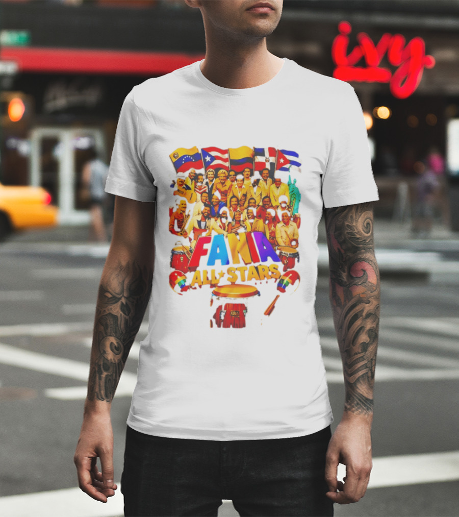 Fania All Stars Band With Colorful Flags And Musical Instruments T-Shirt