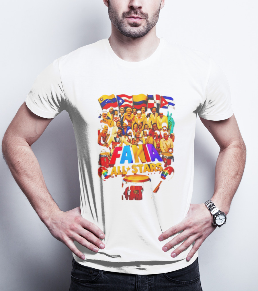 Fania All Stars Band With Colorful Flags And Musical Instruments T-Shirt