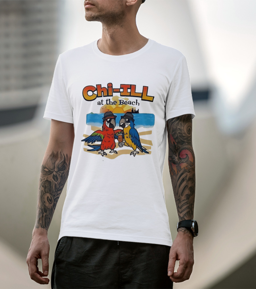 Chi ILL At The Beach Parrots With Hats And Sunset Scene T-Shirt